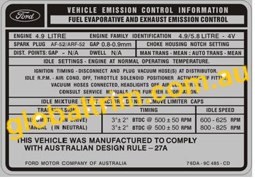 FORD ENGINE EMISSION LABEL DECAL STICKER XC XD XE XF 3.3 4.1 4.9 5.8 V ...
